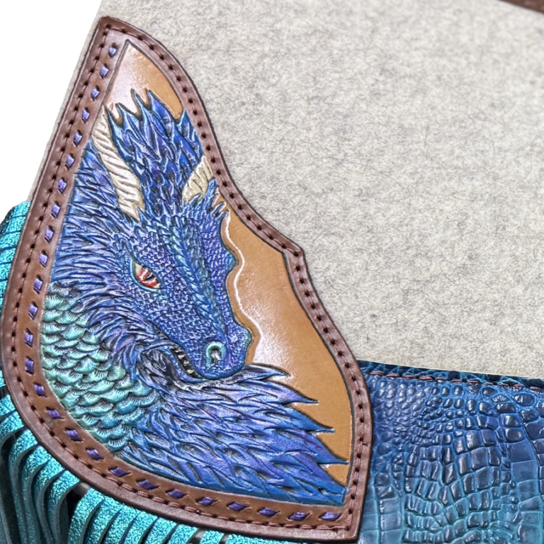 Dragon Rider – Blue: Hand Tooled 5 Star Pure Wool Saddle Pad